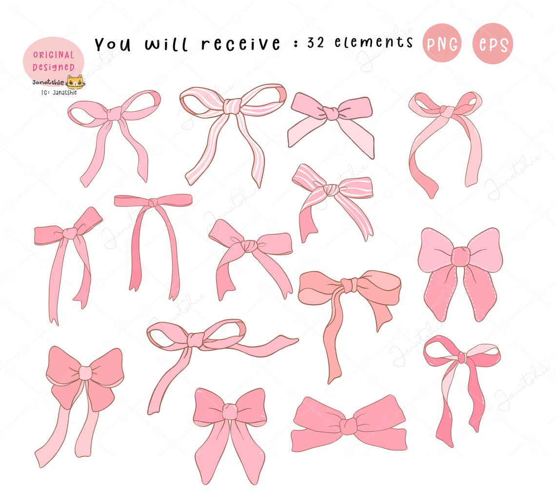 Pink Coquette Bow & Frame Clipart Set: Victorian Ribbon Doodles (PNG ...