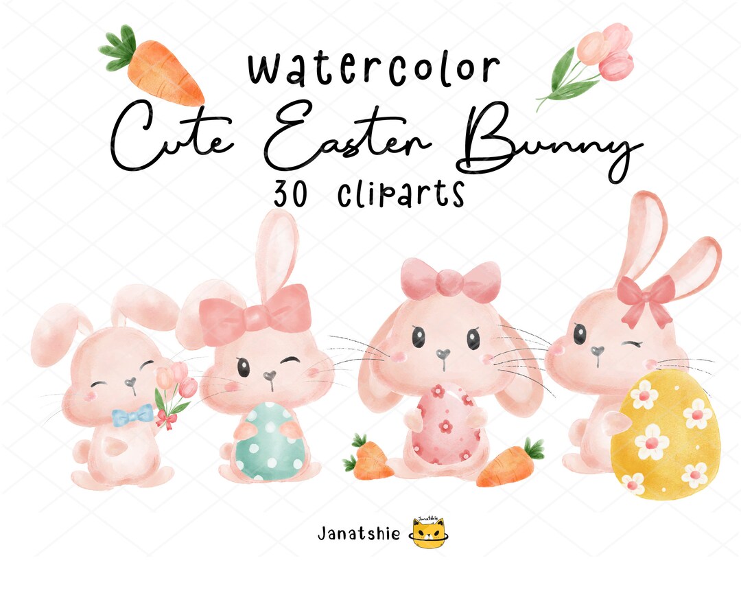 Cute Easter Bunny Watercolor Clipart Set, Cute Baby Pink Rabbit ...