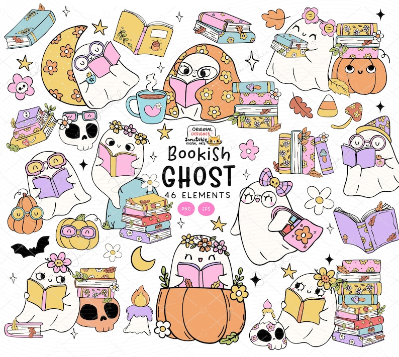 Pastel Ghost Reading Clipart: Bookish Halloween Doodle (PNG, EPS) - Etsy