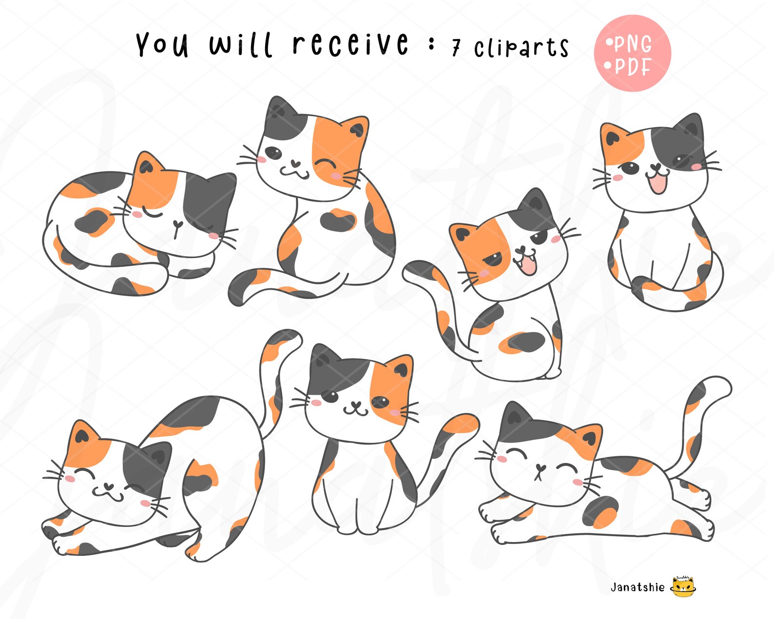 Tri Color Cat Clipart PNG Set, Kawaii Calico Kitten Clip Art Set, Happy ...
