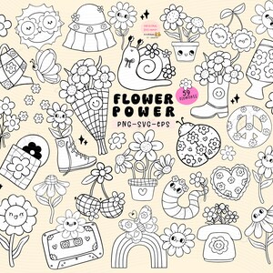 Groovy Retro Flower Power SVG Outline Coloring Images PNG Hippie Spring ...