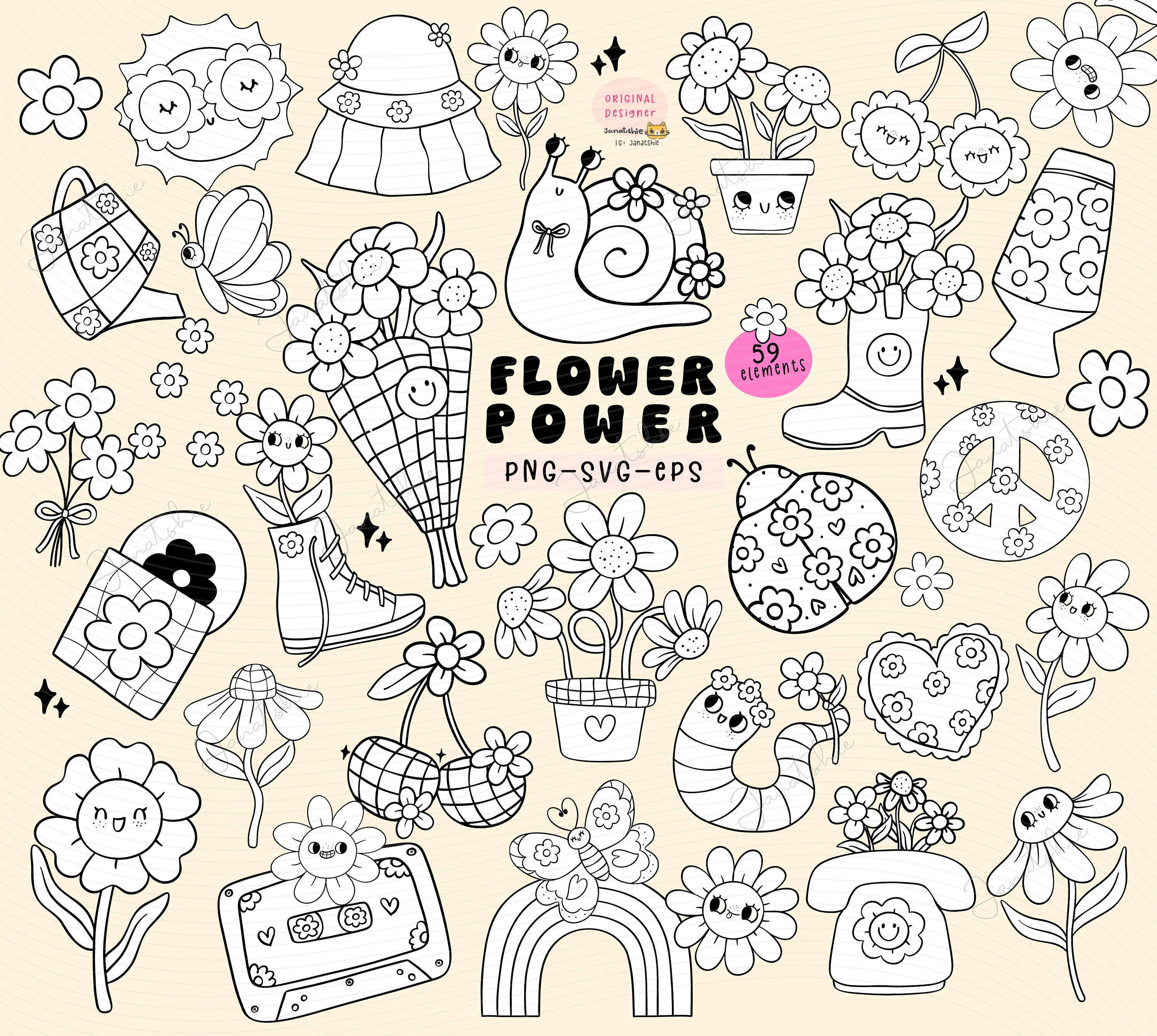 Groovy Retro Flower Power SVG Outline Coloring Images PNG Hippie Spring ...