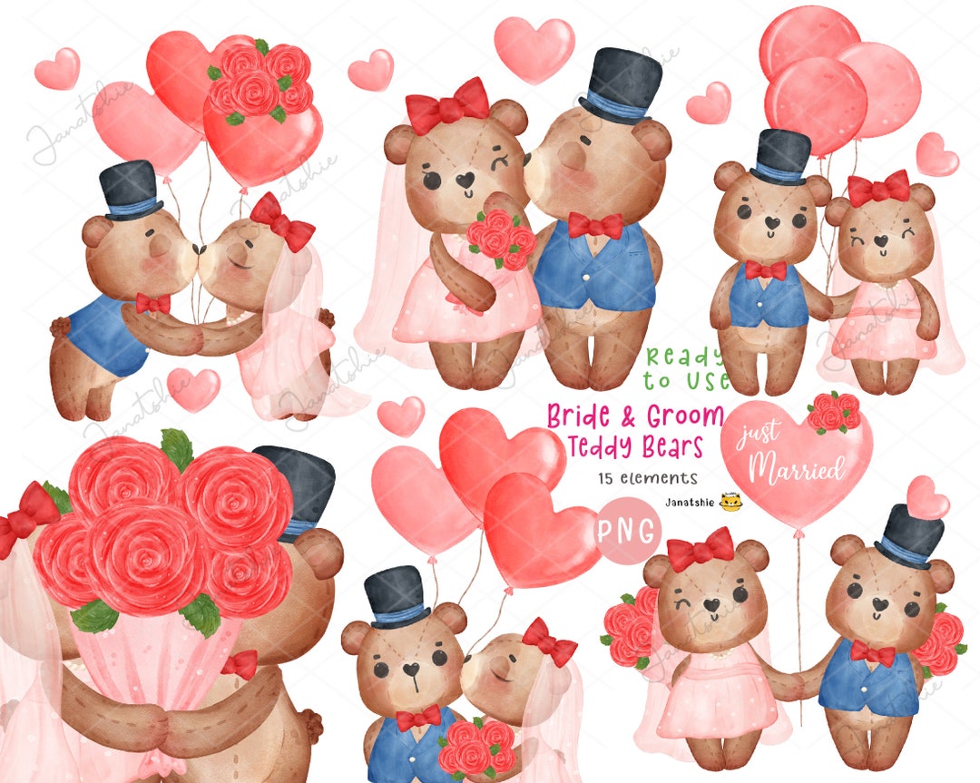 Vintage Teddy Bear Valentine Clipart, Bride and Groom Bear Romantic ...