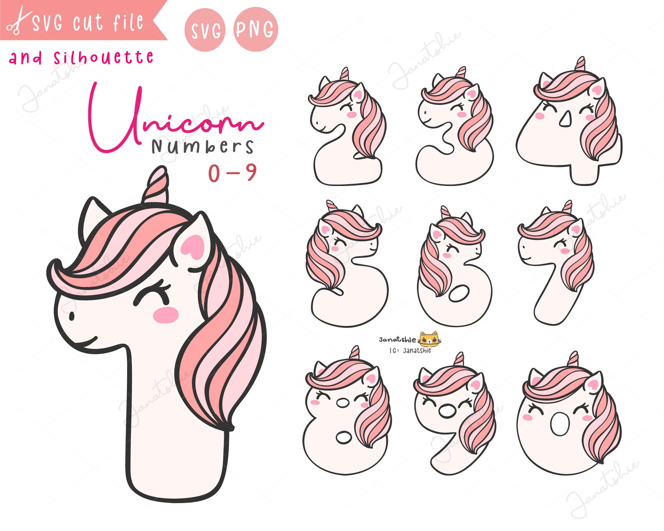 Cute Pink Unicorn Numbers 0-9 SVG Cut Files PNG Digital - Etsy
