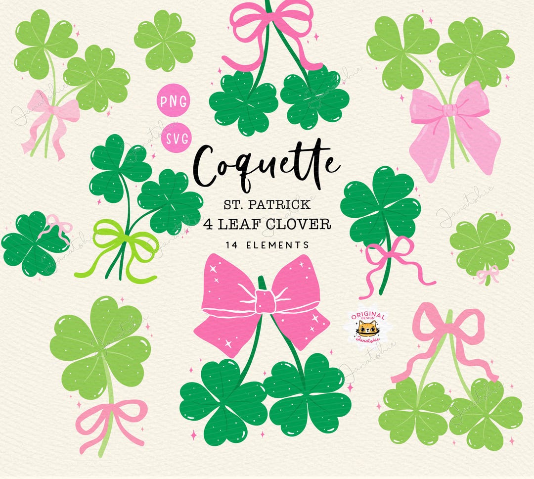 Coquette Clover With Pink Bow, Girly St Patricks Day Shamrock Cherry ...