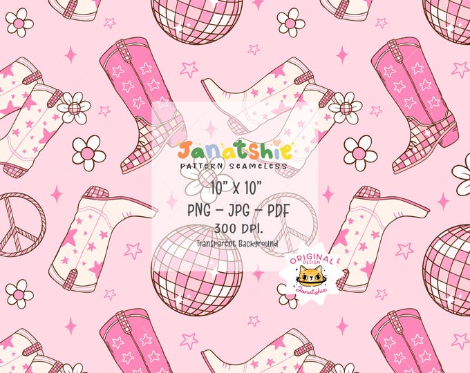 Groovy Disco Cowgirl Seamless Pattern: Western Digital Paper (PNG, JPG ...