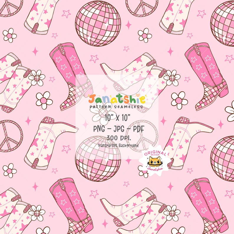 Groovy Disco Cowgirl Seamless Pattern: Western Digital Paper (PNG, JPG ...