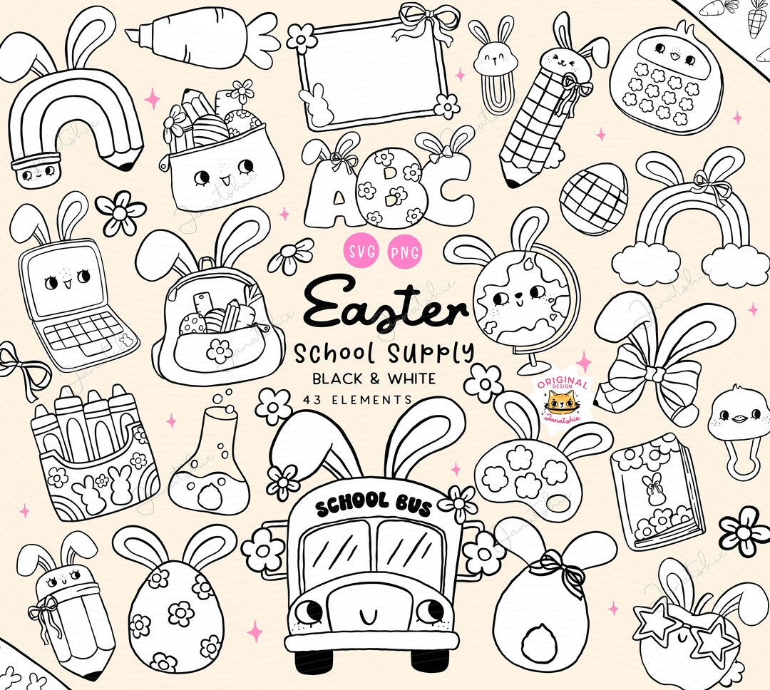 Easter School Supplies Clipart: Black and White PNG, SVG (digital Stamp ...