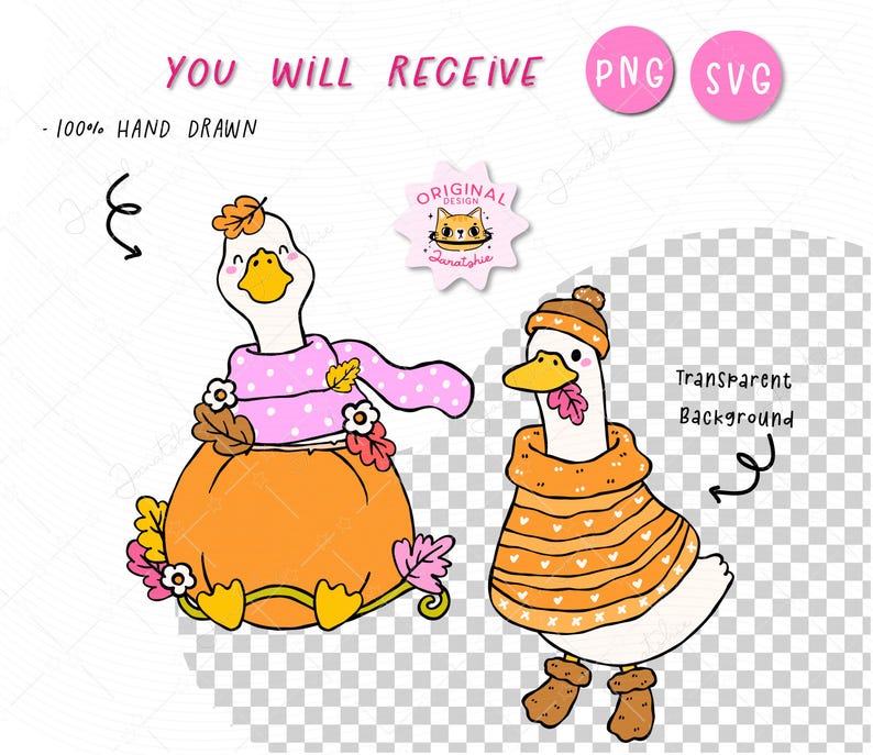 Fall Silly Goose Clipart Set | Hand-drawn Cozy Autumn Doodles (SVG, PNG ...