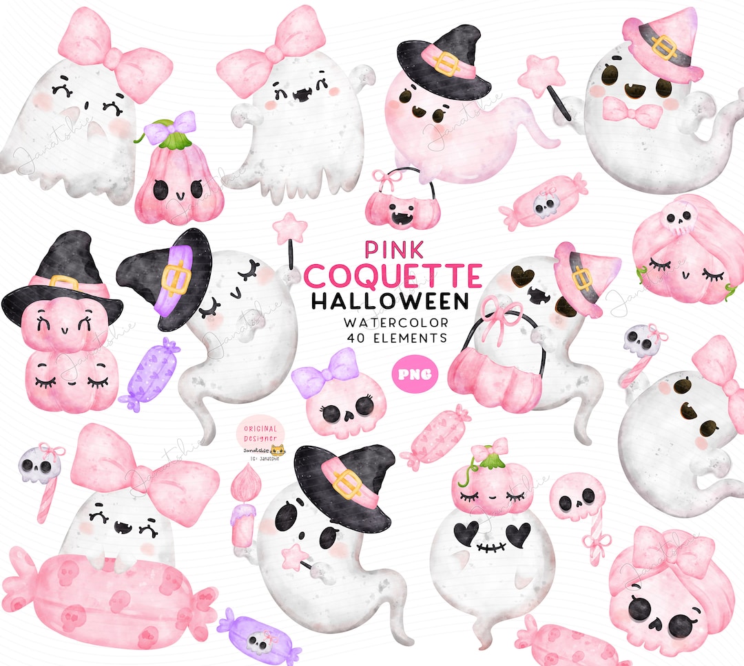 Pink Halloween Ghost Clipart Set: Coquette Pastel Watercolor PNG ...