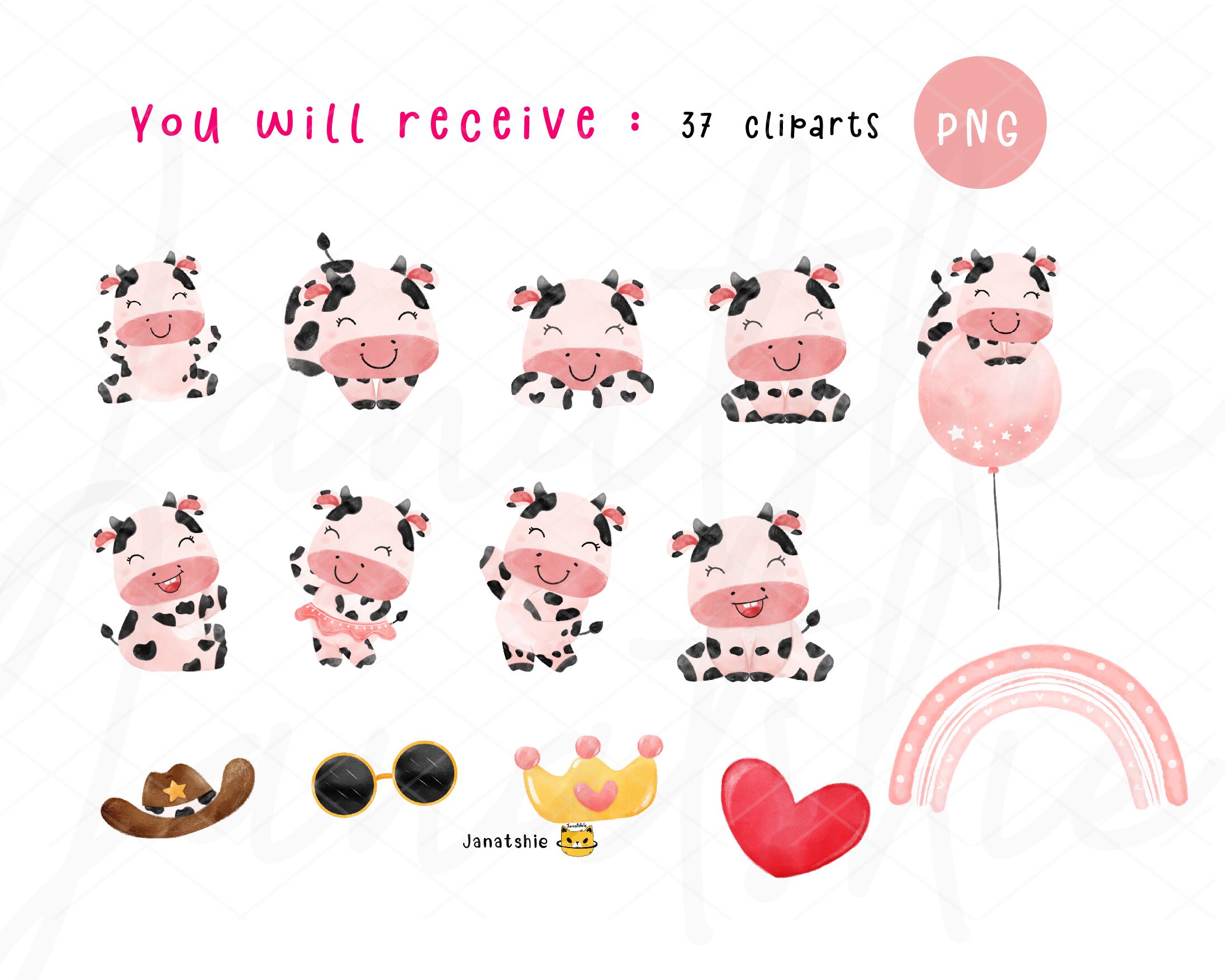 Watercolour Baby Cow Girl Clipart Set Pink Baby Shower - Etsy