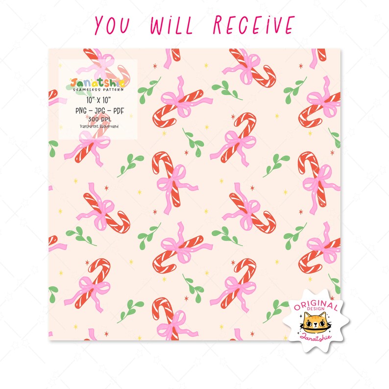 Coquette Christmas Candy Cane Seamless Pattern Festive Digital Paper ...