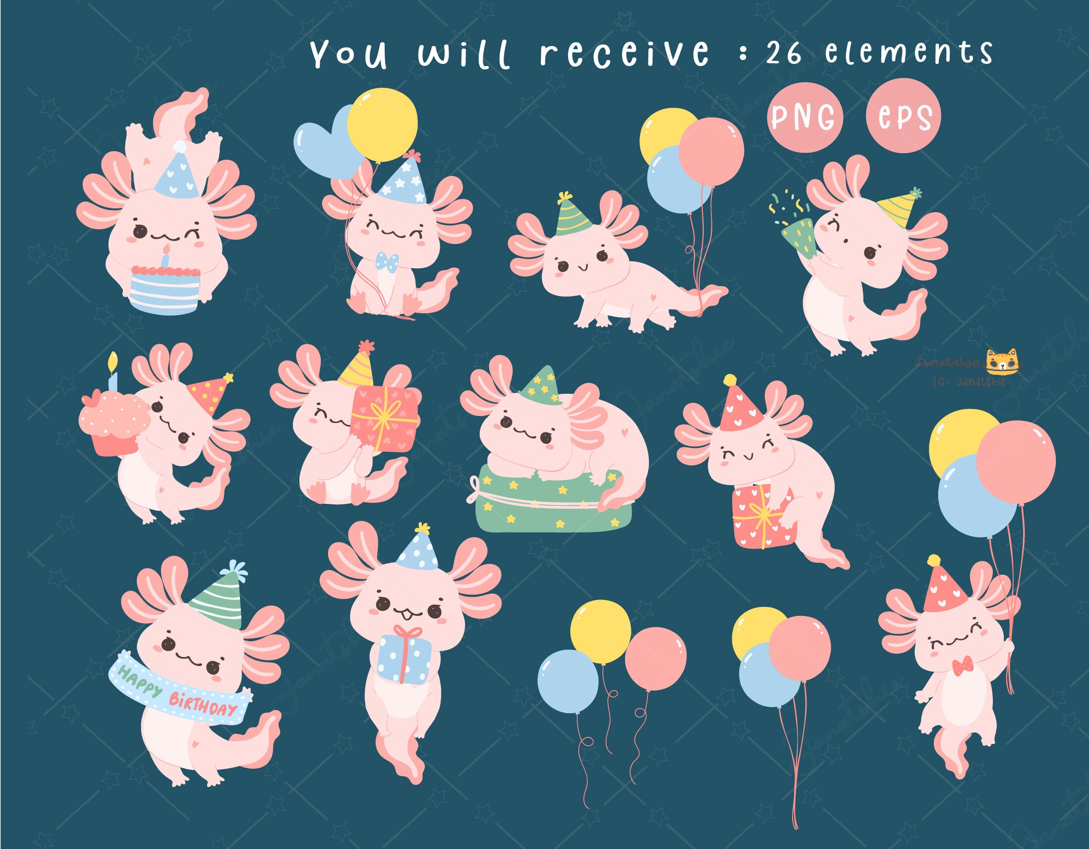 Axolotl Birthday Clipart Party Design Cute Underwater Animal ...