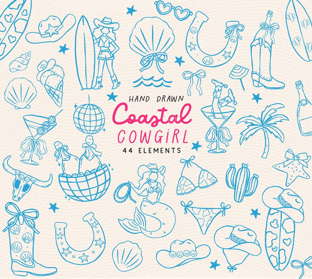 Coastal Cowgirl Clipart: Hand-drawn Western Bachelorette Party Graphics ...