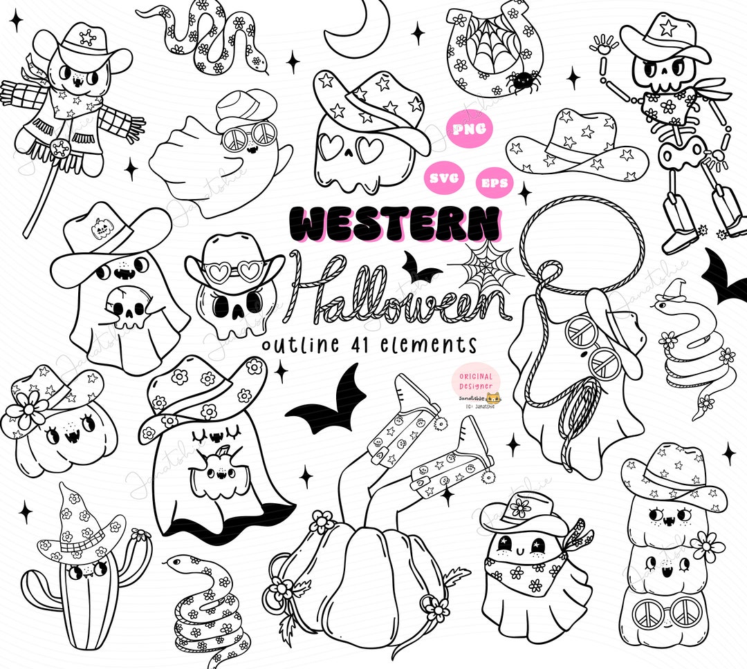Groovy Cowboy Halloween Outline Retro Western Halloween Doodle Line ...
