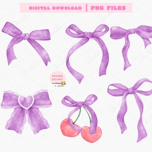 Purple Coquette Bow Clipart Set | Watercolor Ribbon & Cherry Heart Bow ...