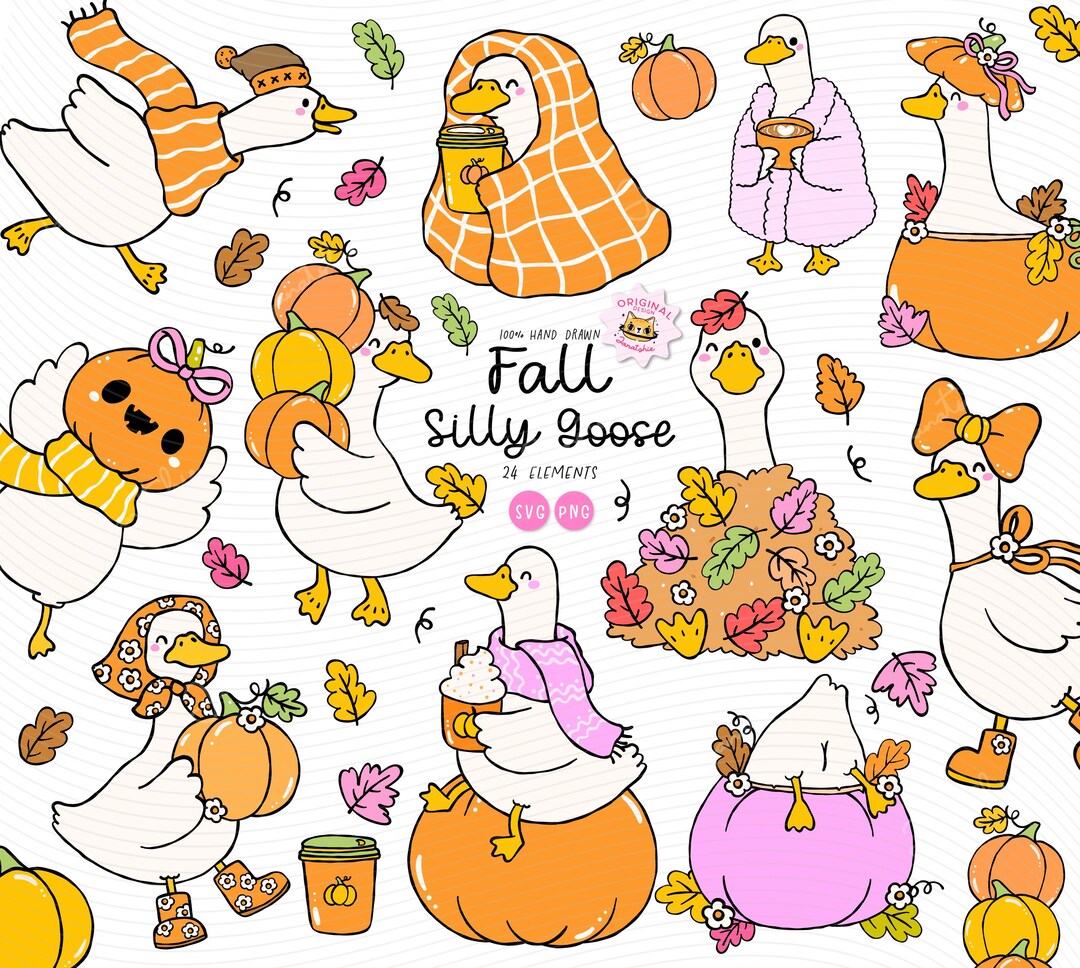 Fall Silly Goose Clipart Set | Hand-drawn Cozy Autumn Doodles (SVG, PNG ...