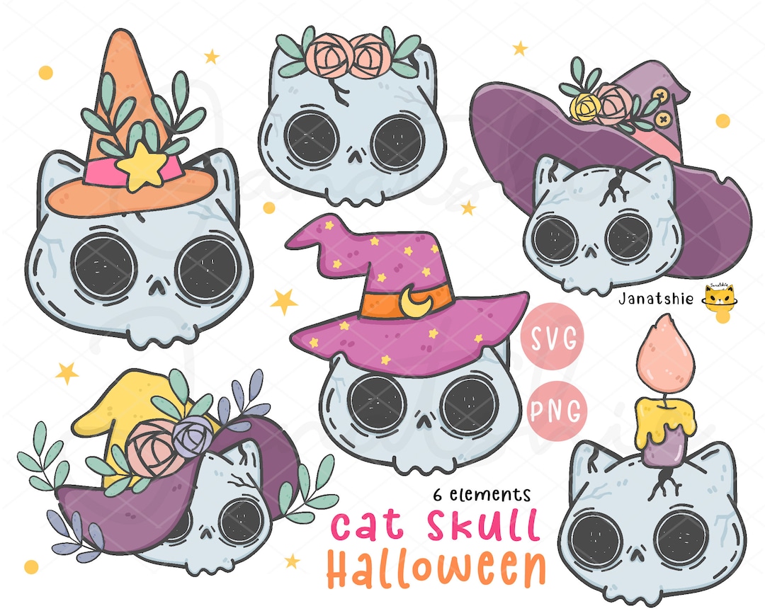 Cute Halloween Cat Skull SVG Clipart Set, Halloween Cat Skull Witch SVG ...