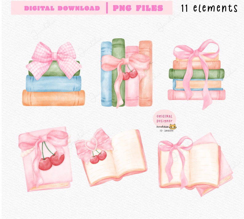 Pink Coquette Books Watercolor Clipart Set: Vintage Booklover PNG ...