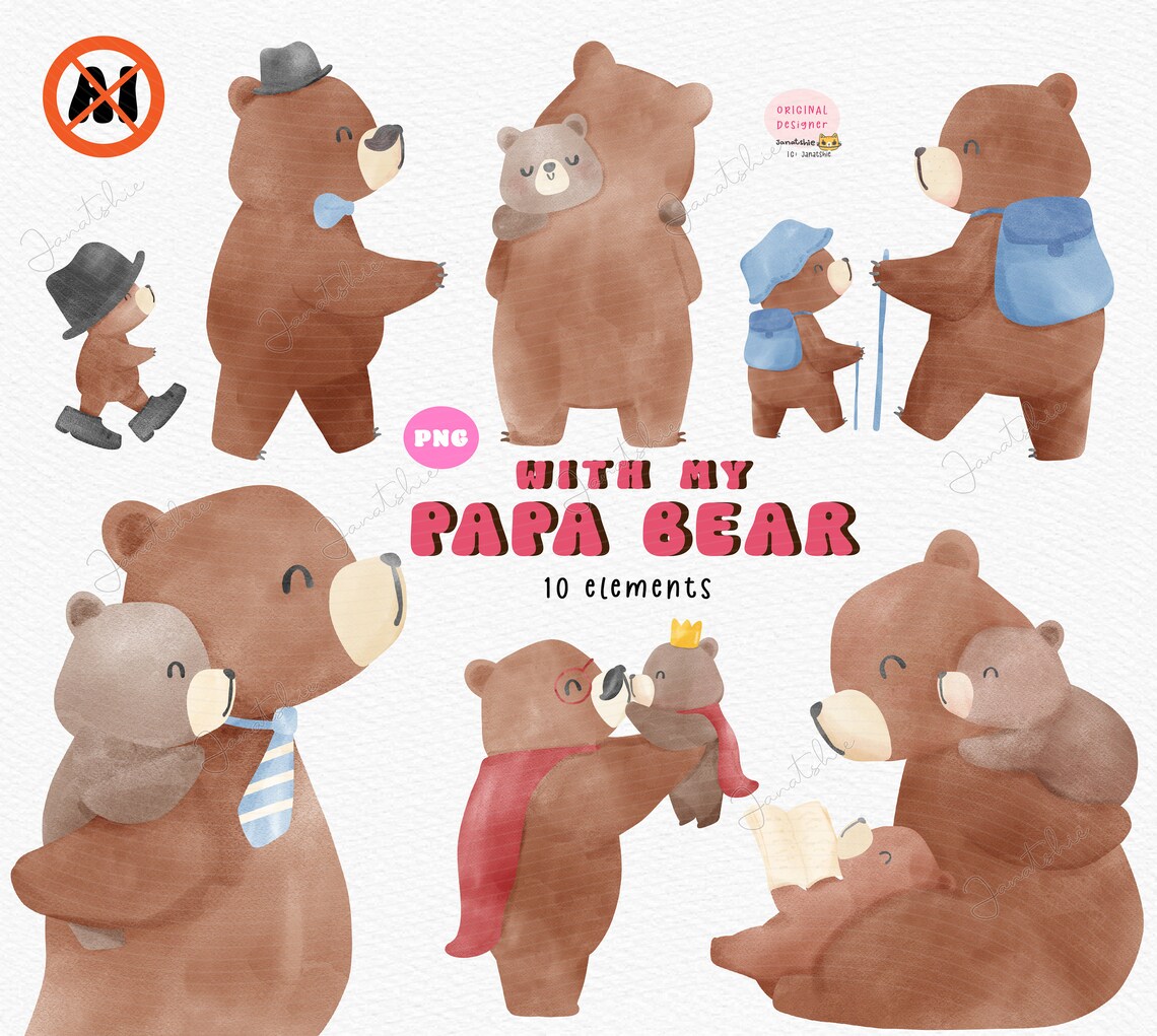 Fathers Day Bear Daddy Bear and Baby Watercolor PNG Clipart Set Papa ...