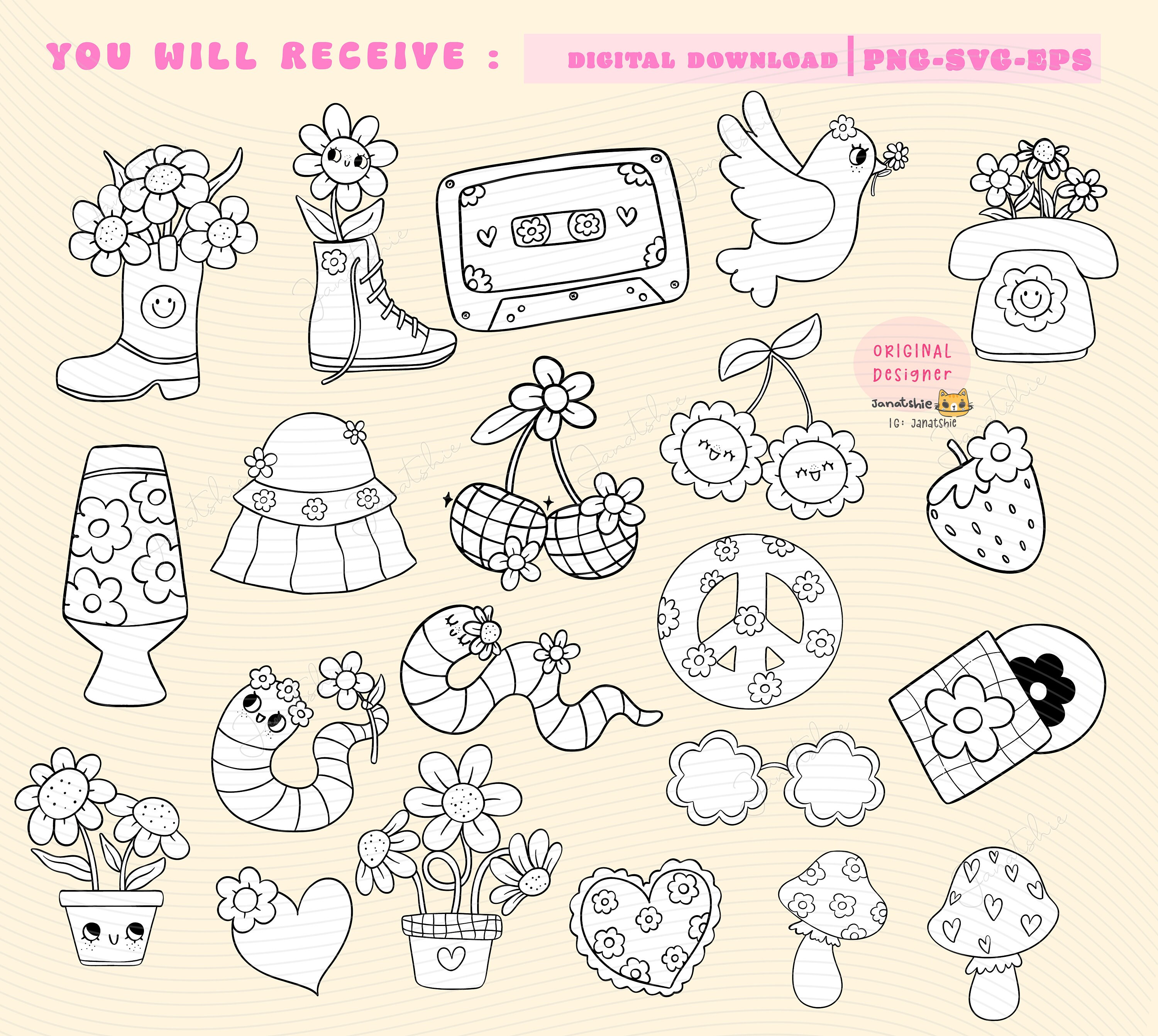 Groovy Retro Flower Power SVG Outline Coloring Images PNG Hippie Spring ...