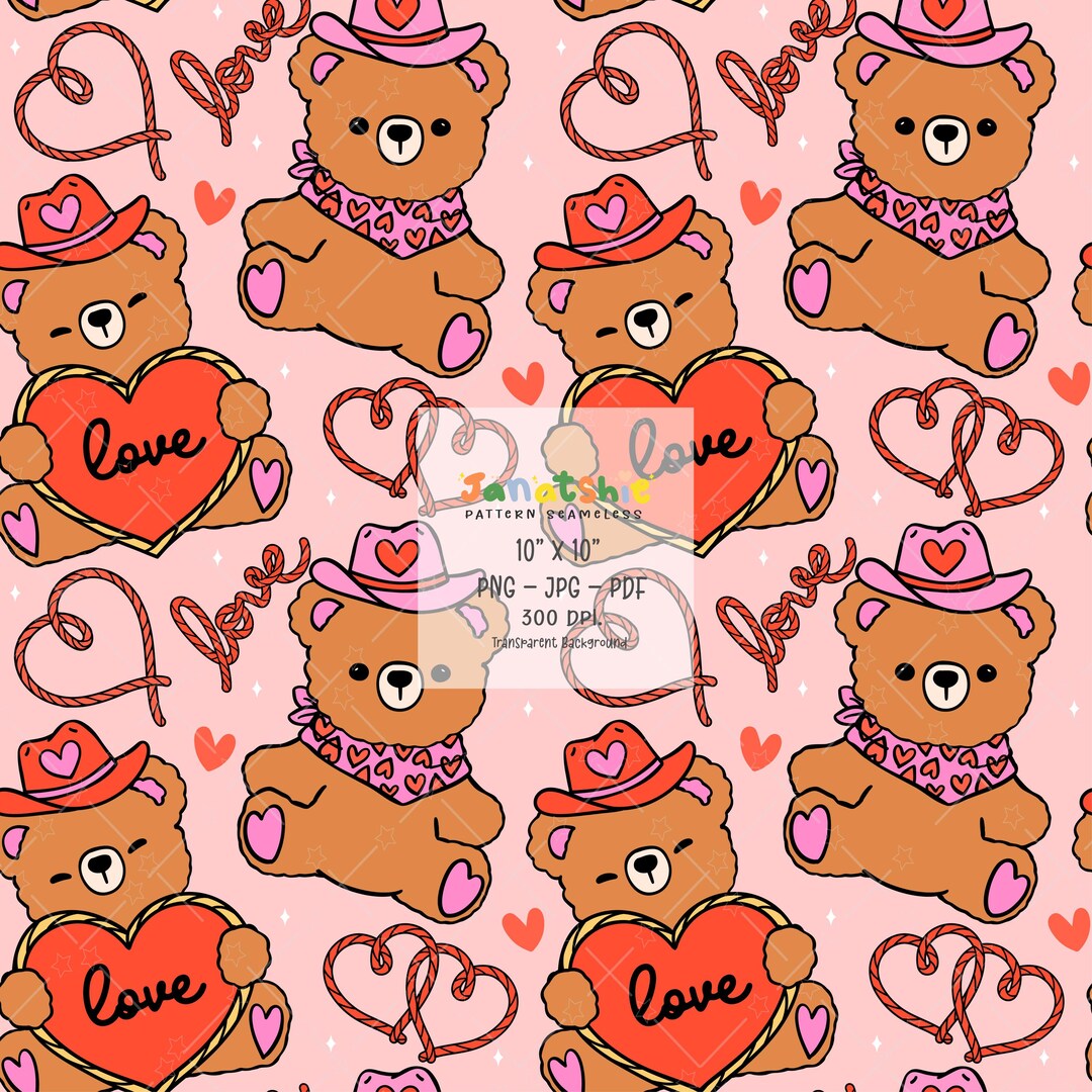 Retro Cowboy Valentine Western Teddy Bear Seamless Pattern Repeatable ...