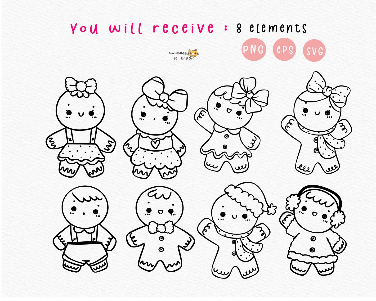 Gingerbread Boy and Girl Outline SVG Clipart Set, Cute Christmas ...