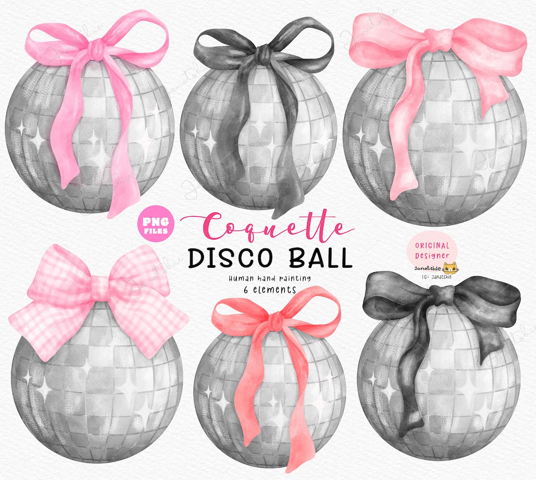 Disco Ball Png, Coquette Disco Ball Png, Watercolor Disco Ball With Bow ...