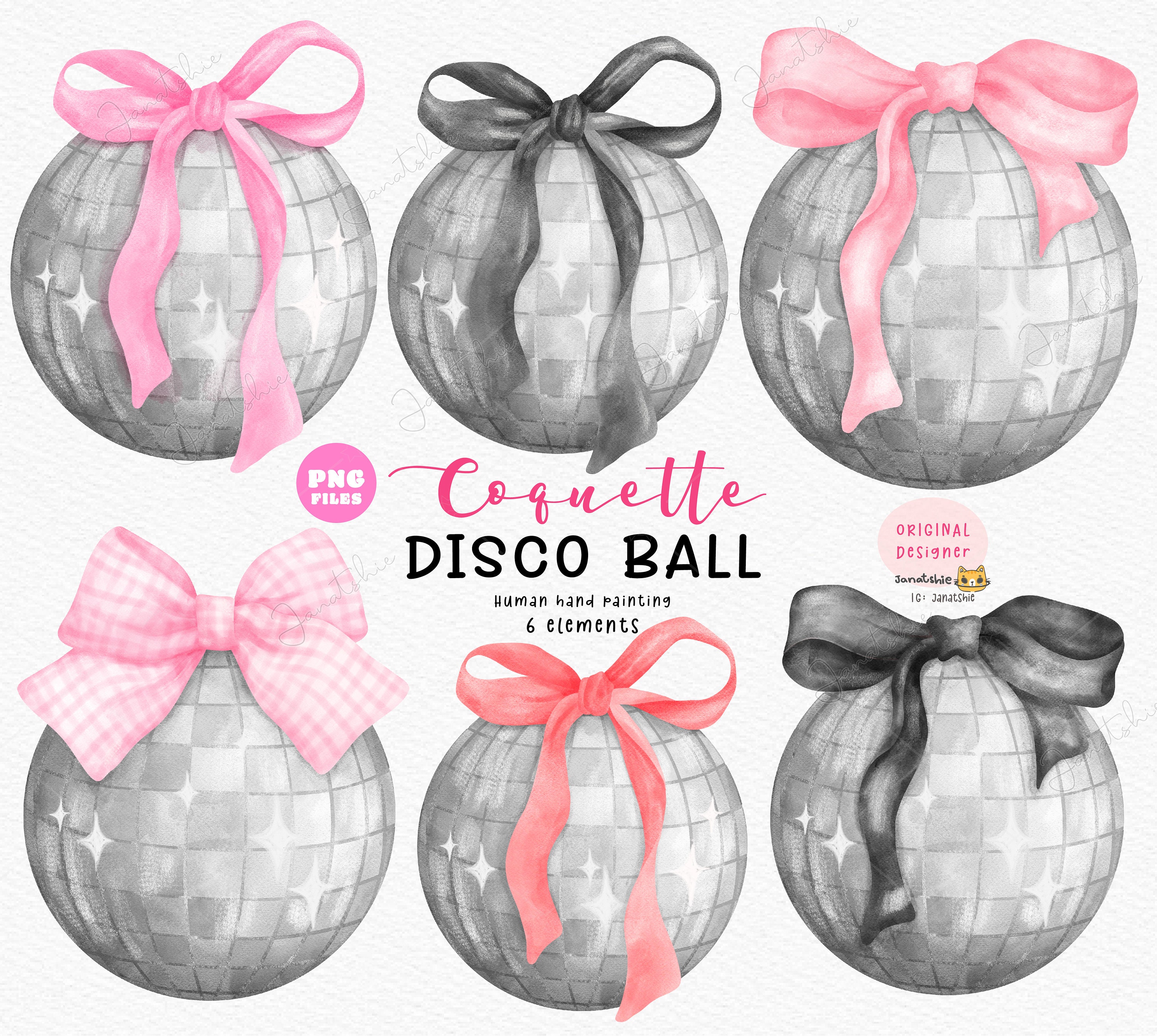 Disco Ball Png, Coquette Disco Ball Png, Watercolor Disco Ball With Bow ...