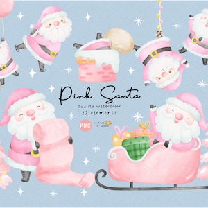 Pink Santa Watercolor Clipart: Retro Christmas Tree PNG (digital ...