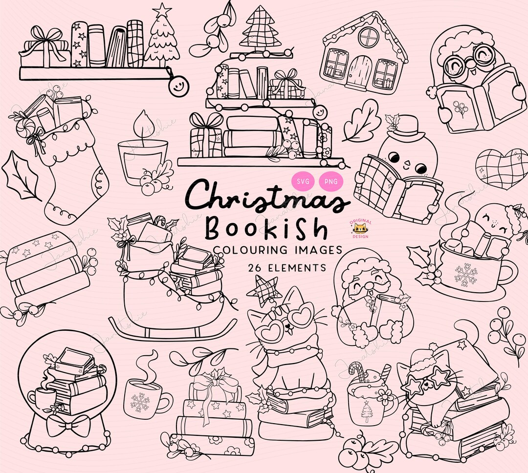 Retro Groovy Christmas Bookish Outline Christmas Reading Doodle Svg ...