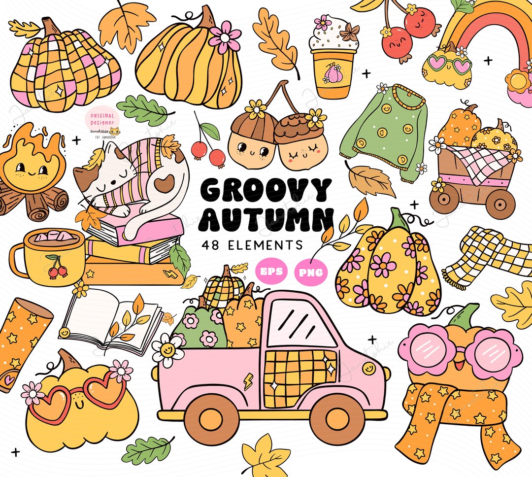Retro Autumn PNG Clipart: Groovy Pumpkin Spice, Vintage Leaves (digital ...