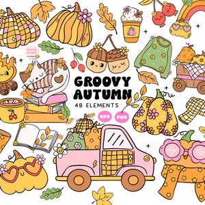 Retro Autumn PNG Clipart: Groovy Pumpkin Spice, Vintage Leaves (digital ...