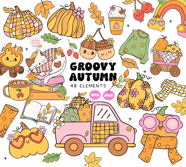 Retro Autumn PNG Clipart: Groovy Pumpkin Spice, Vintage Leaves (digital ...