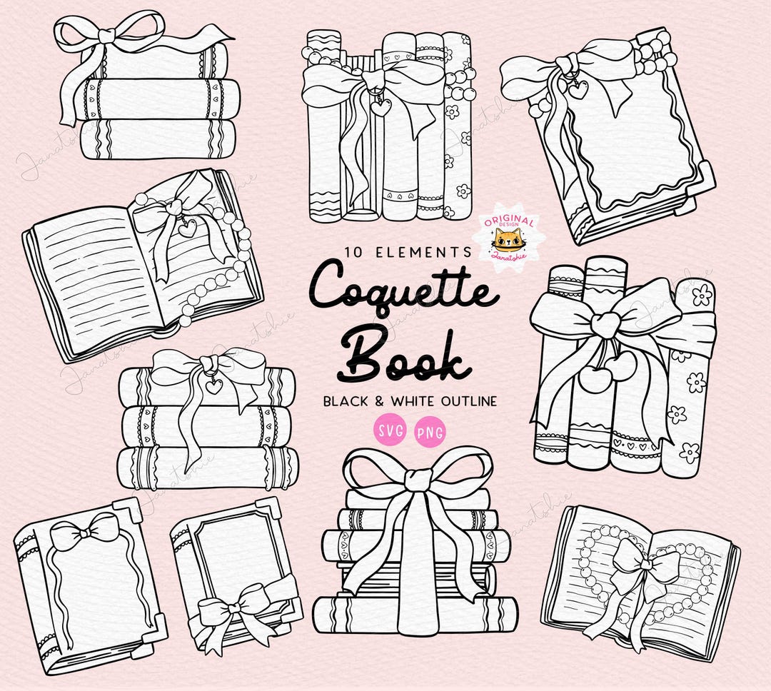 Coquette Books SVG Clipart: Hand-drawn Bookish Outline (digital ...