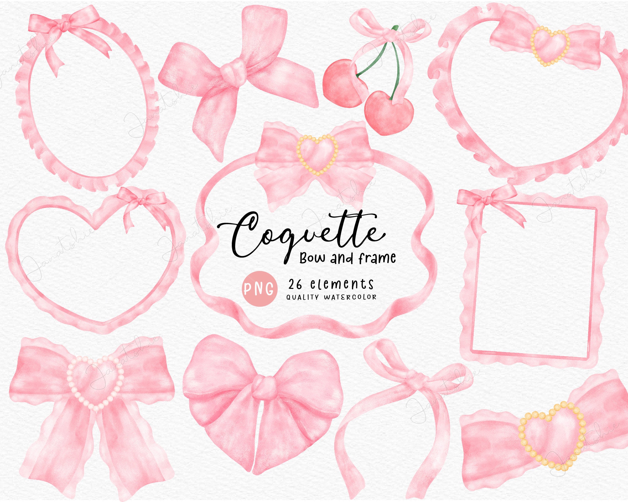 Pink Coquette Ribbon Bow and Frame Aesthetic Watercolor PNG Clipart Set ...