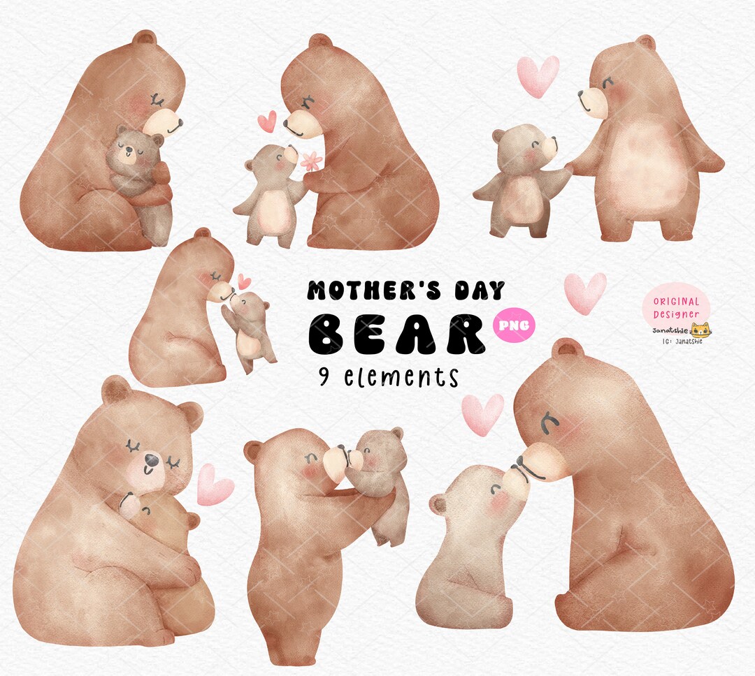 Mama Bear & Baby Bear Clipart: Watercolor Mother's Day PNG Graphics ...