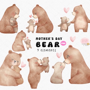 Mama Bear & Baby Bear Clipart: Watercolor Mother's Day PNG Graphics ...