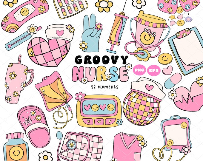 Retro Nurse Life Clipart Pink Nurse Png Medical Clipart Groovy Mental ...
