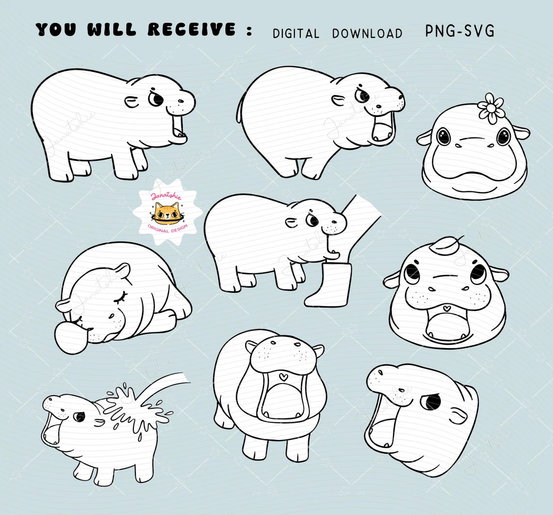 Moo Deng Coloring Image Clipart Baby Pygmy Hippo Outline Doodle Black ...