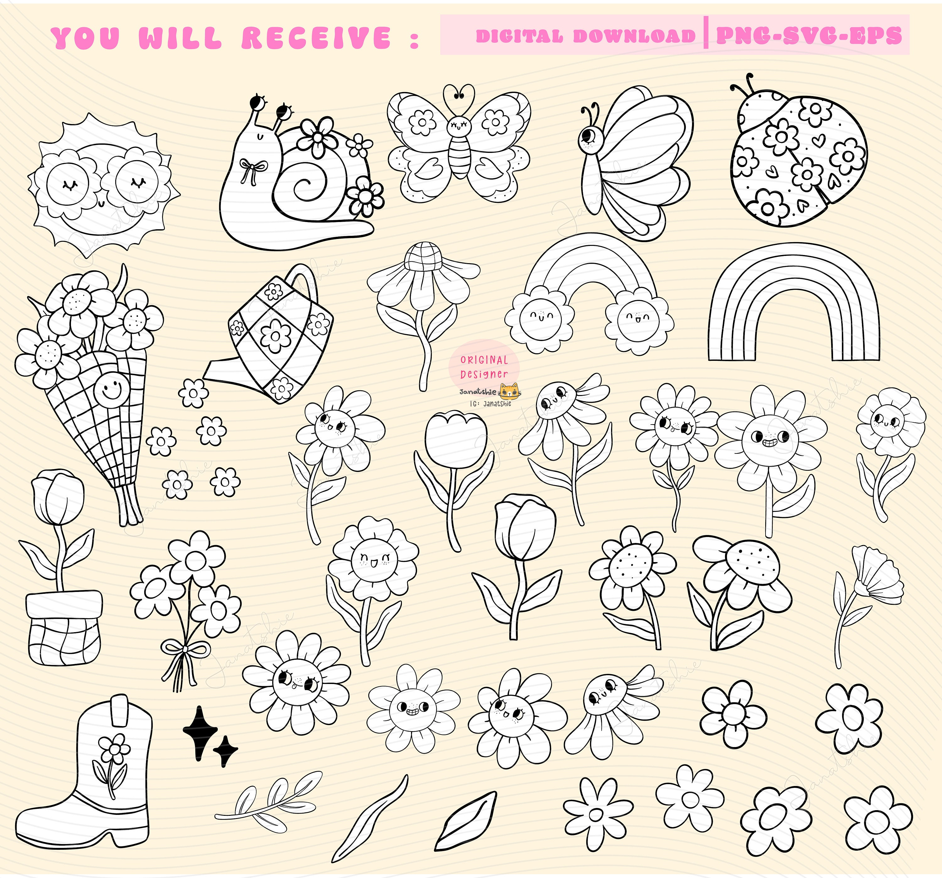 Groovy Retro Flower Power SVG Outline Coloring Images PNG Hippie Spring ...