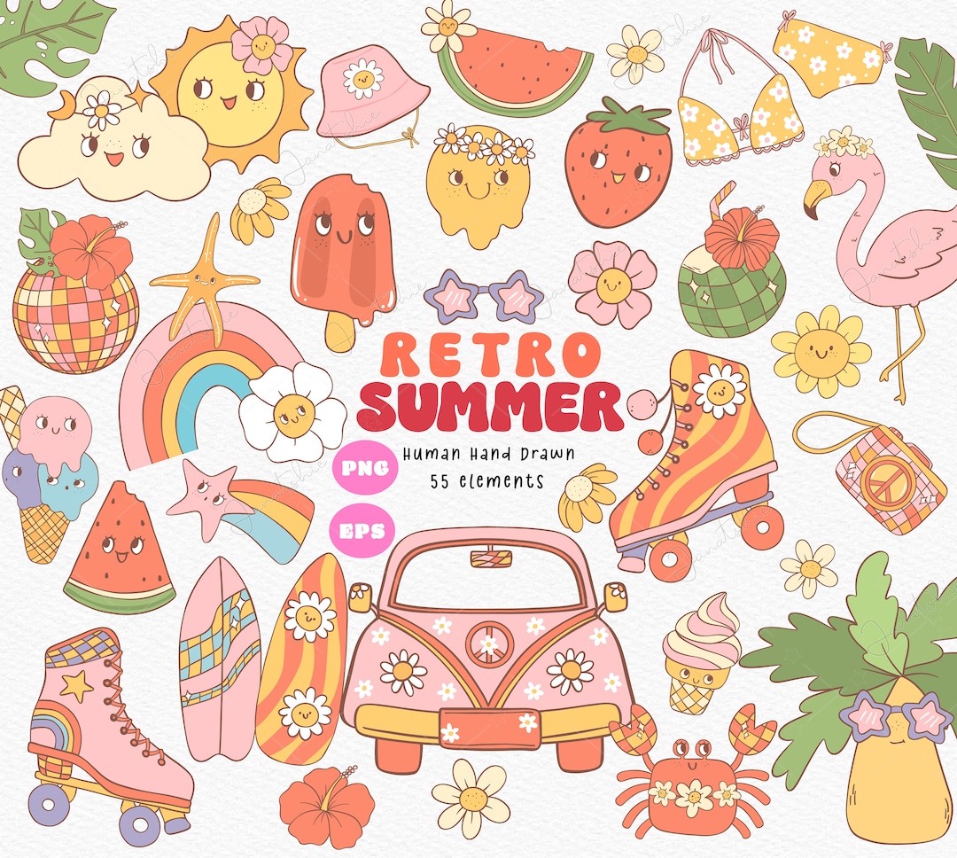 Retro Summer Clipart: Groovy Beach Vacation Graphics (PNG, EPS) - Etsy