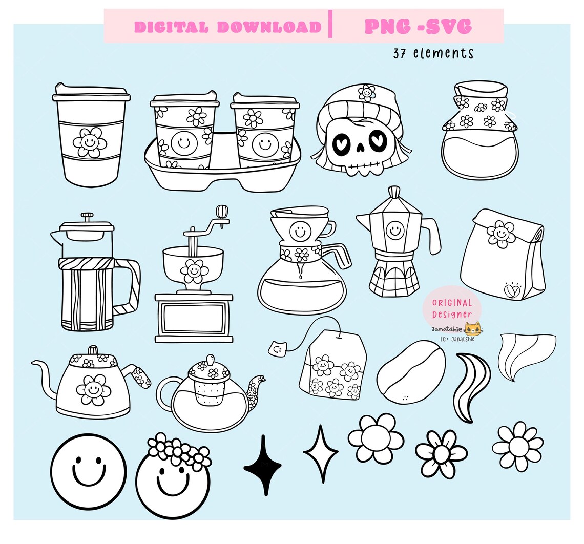 Retro Coffee Clipart Set: Groovy Coffee Mugs, Beans, Flowers (SVG, PNG ...