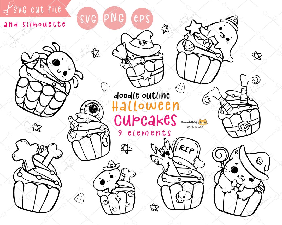 Kawaii Halloween Cupcake SVG, Cute Outline Digital Stamp PNG Kid ...