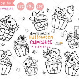Kawaii Halloween Cupcake Outline Costume Doodles: Outline Digital Stamp ...