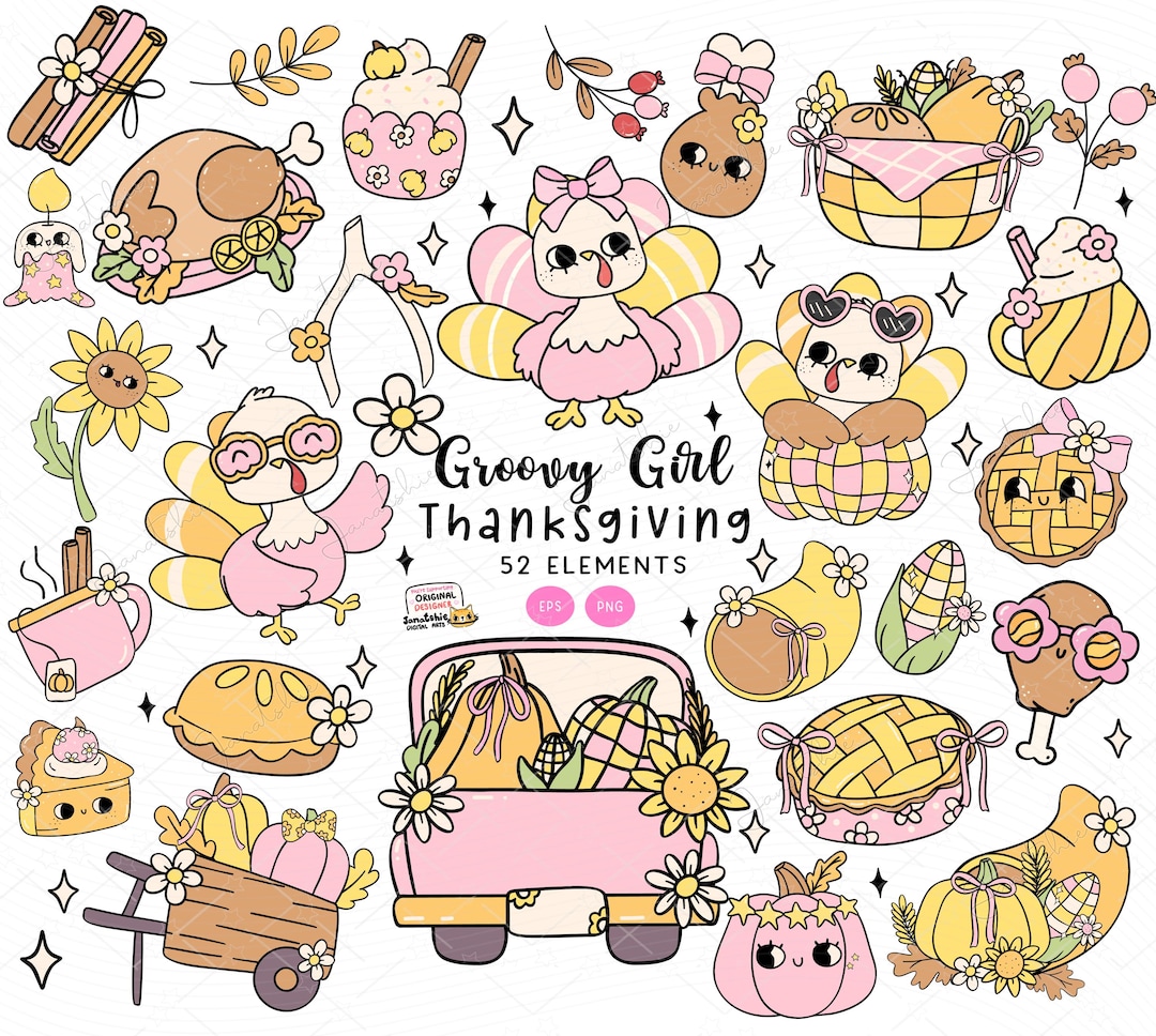 Retro Thanksgiving Clipart Set: Pink Turkey, Pumpkin Spice (PNG, EPS ...