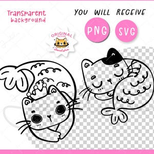 Cute Kawaii Cat Outline Mermaid Cat Doodle Outline Svg Digital Stamps ...