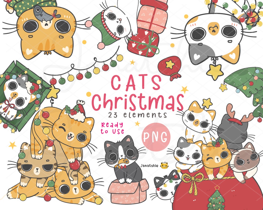 Christmas Cats Clipart Set Cute Funny Kitten Tree Illustrations Variety ...