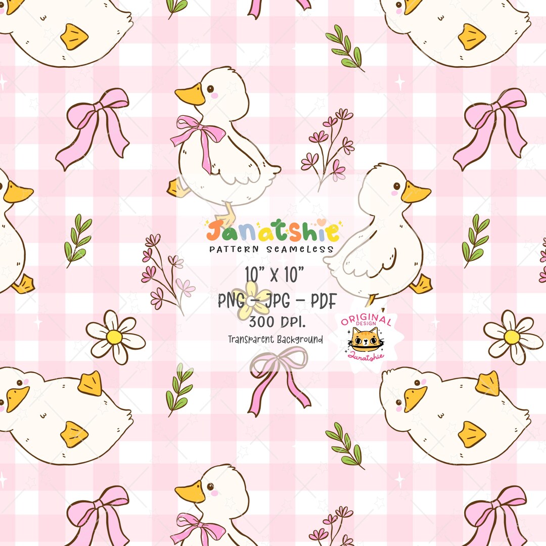 Cute Spring Duck Pink Gingham Seamless Pattern, Coquette Duck With Bow ...