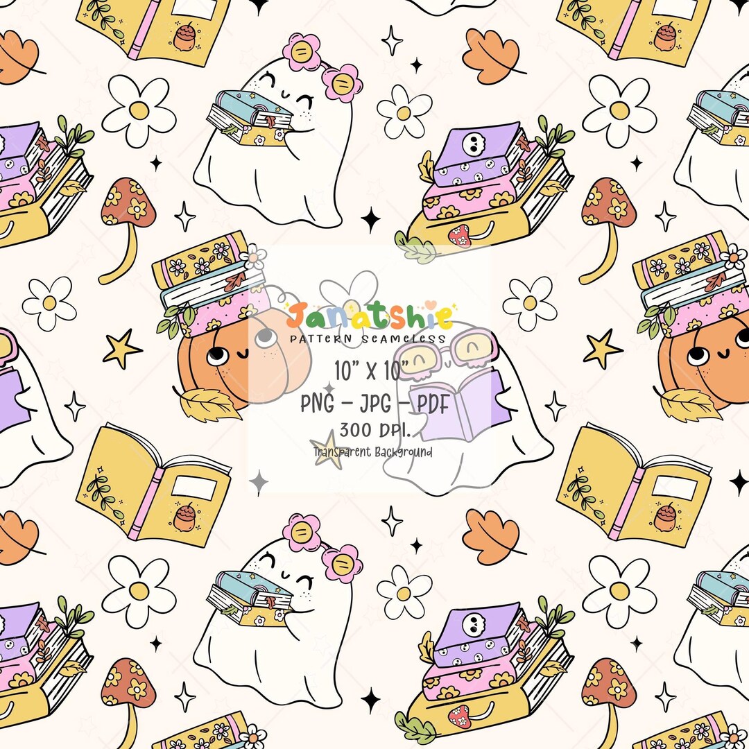 Groovy Retro Halloween Pattern Seamless Ghost Reading Book Seamless Png ...